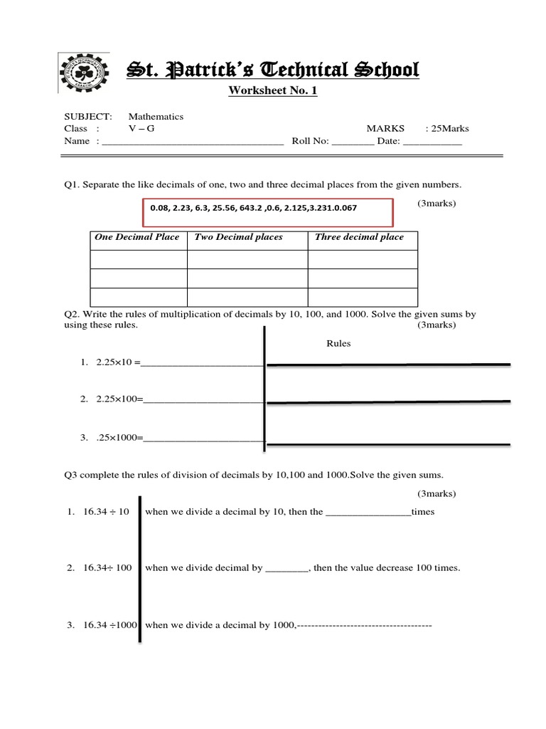 Mathematics Worksheet for Class V-G | PDF | Decimal | Encodings
