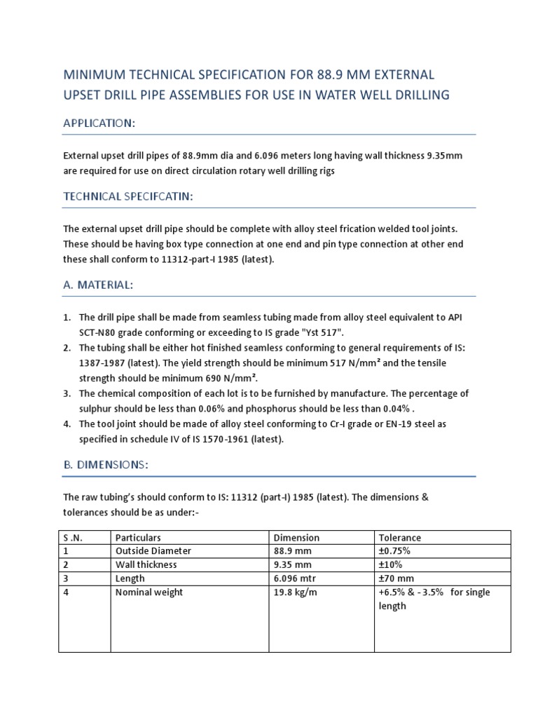 Minimum Technical Specification For 88.9 | PDF | Pipe (Fluid Conveyance ...