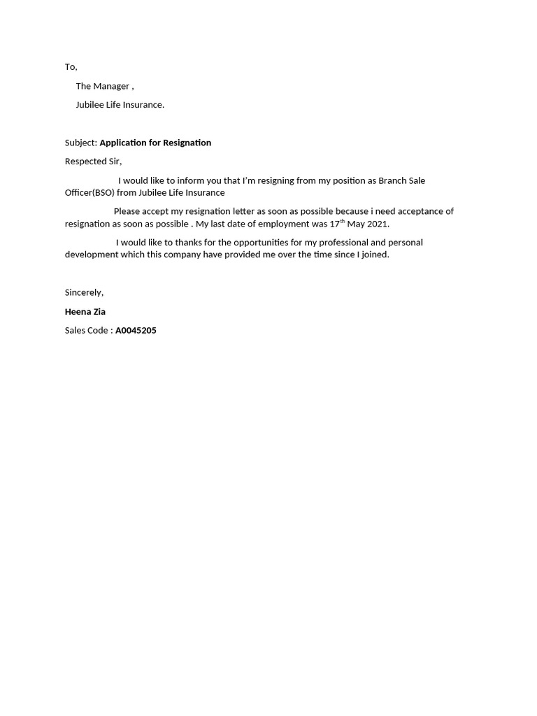 Resignation Letter for Insurance Agent | PDF | Career & Growth