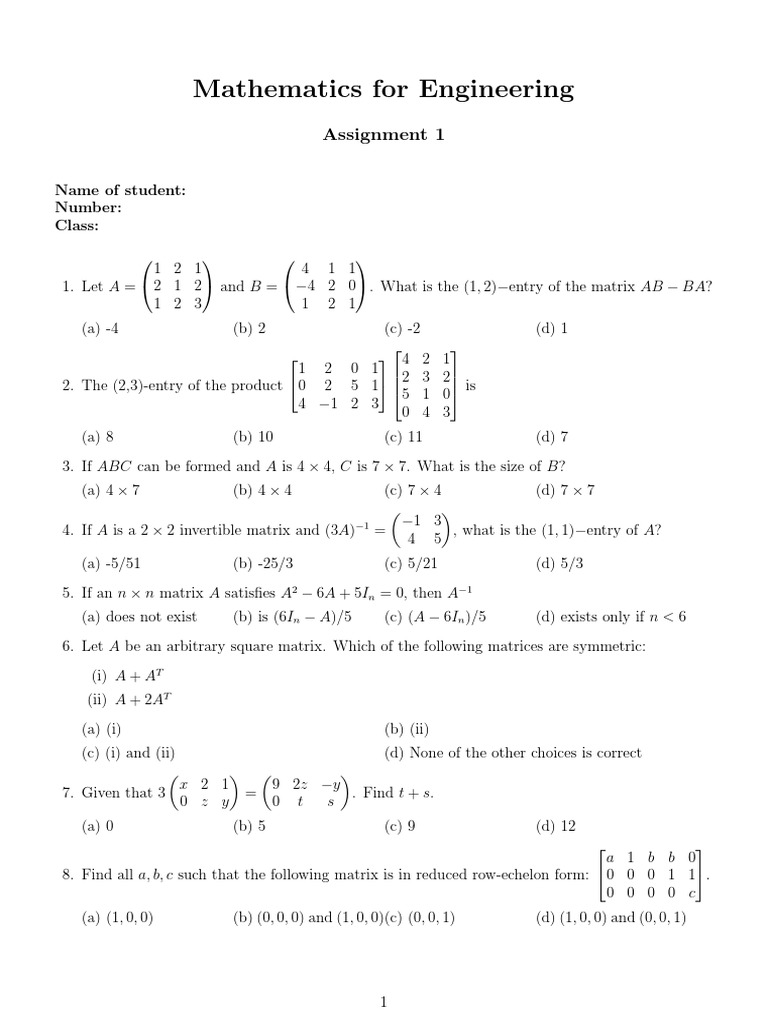 Mathematics For Engineering Assignment 1 Download Free Pdf Eigenvalues And Eigenvectors