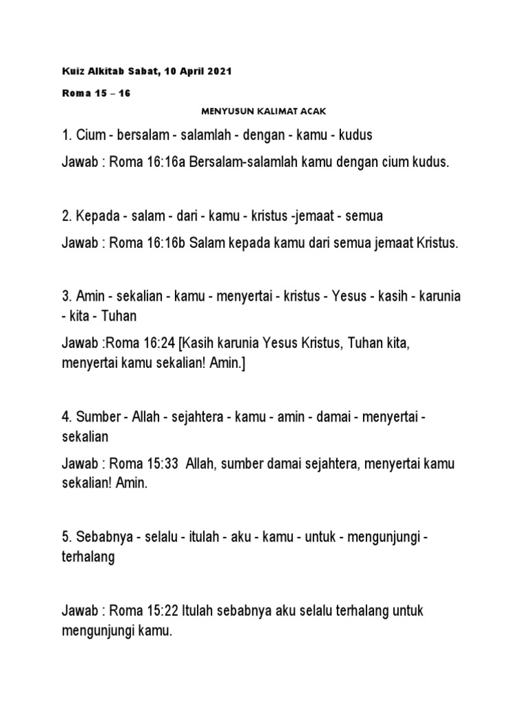 Kuiz Alkitab Sabat, 10 April 2021 | PDF