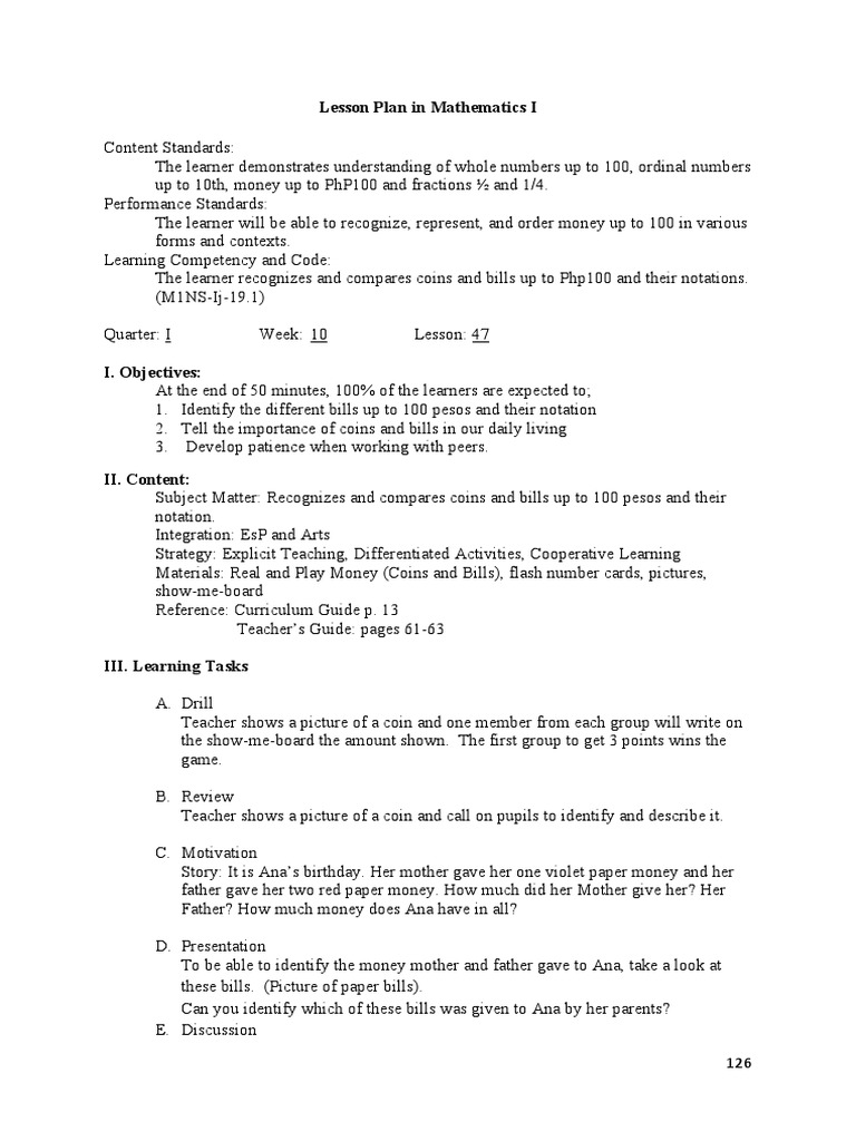 Lesson Plan in Mathematics I | PDF | Lesson Plan | Teachers