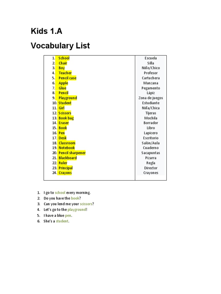 Kids 1.A Vocabulary List: School Book Scissors Playground Pen Student ...
