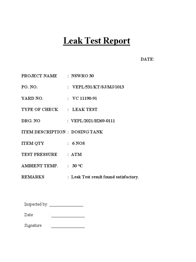 Leak Test Report - Dosing Tank | PDF