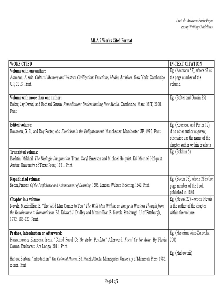 MLA 7 Works Cited and In-Text Citation Format (Andreea Paris-Popa ...