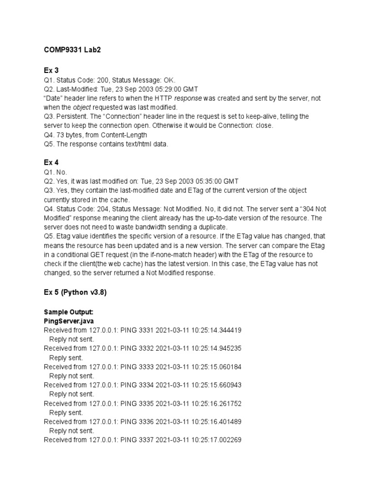 Comp9331 Lab2 Ex3: Sample Output: Pingserver - Java | Download Free PDF | Hypertext Transfer ...