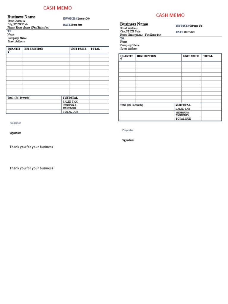 Cash Memo Format For MS Word | PDF