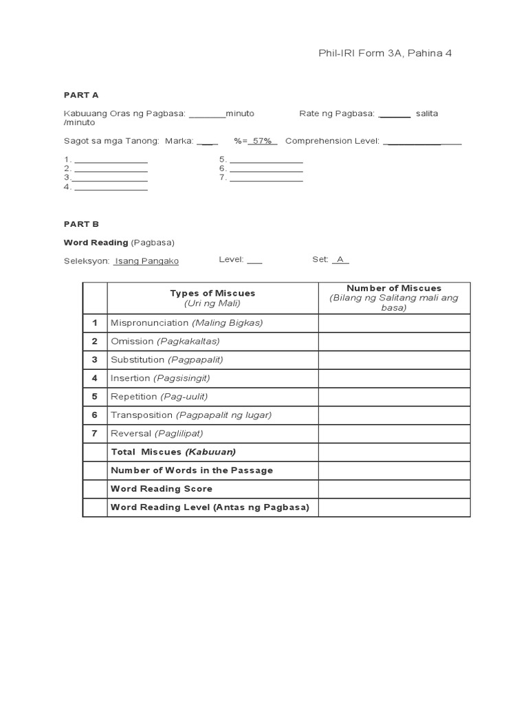 Filipino Compprehension Form Miscues | PDF