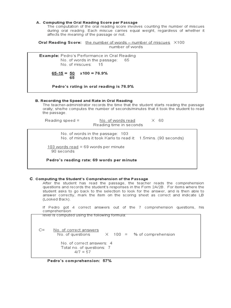 Computation Table For Word Reading Comprehension and Reading Speed ...