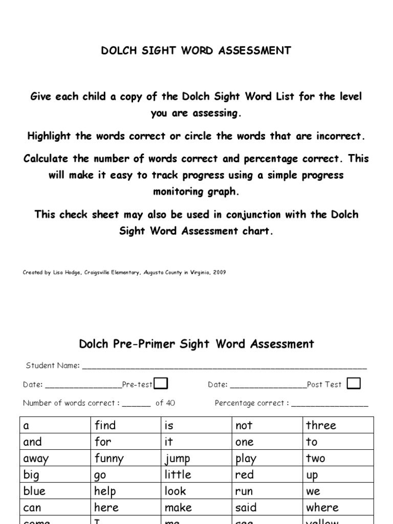 Dolch Sight Word Assessment Guide | PDF