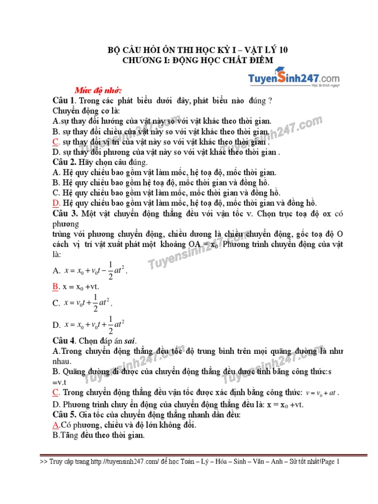 Bo Cau Hoi Trac Nghiem On Thi Hoc Ky I Vat Ly 10 Co Dap An | PDF