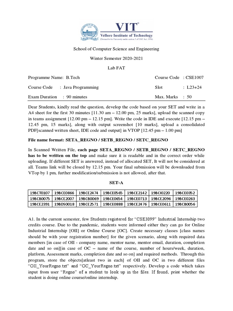 File Name Format: SETA - REGNO / SETB - REGNO / SETC - REGNO | PDF | Computer Programming ...