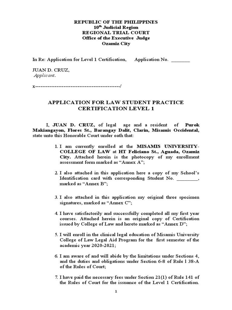 Application For Law Student Practice Certification Level 1: Applicant ...