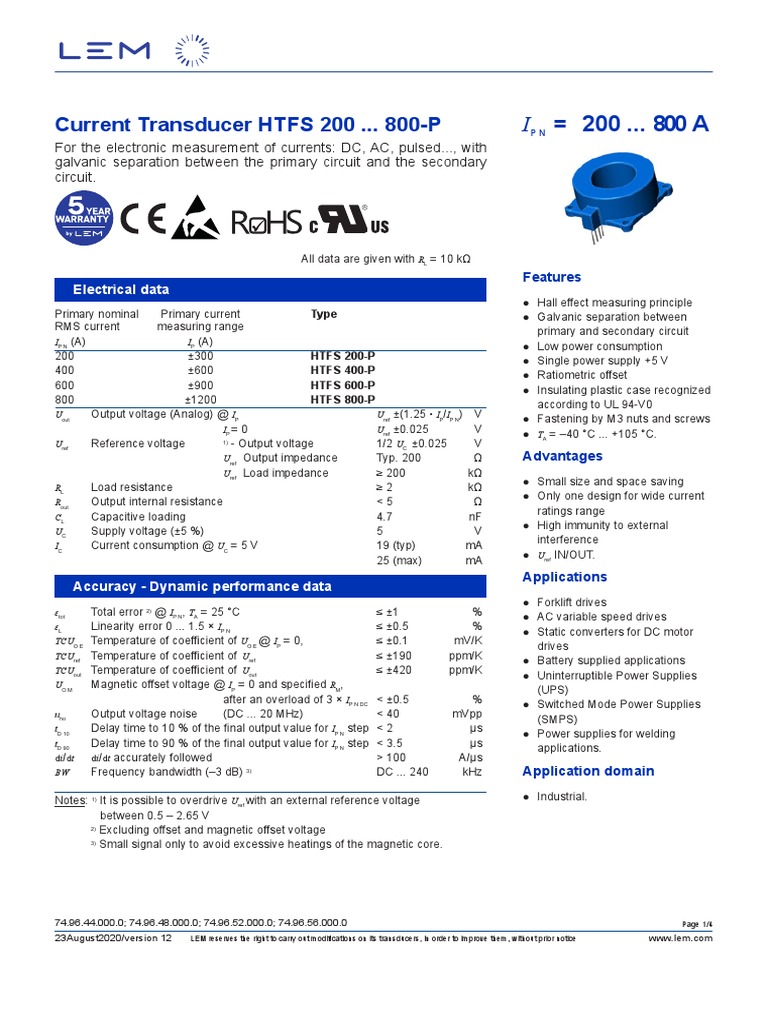 Current Transducer HTFS 200 ... 800-P | PDF | Power Supply | Insulator ...