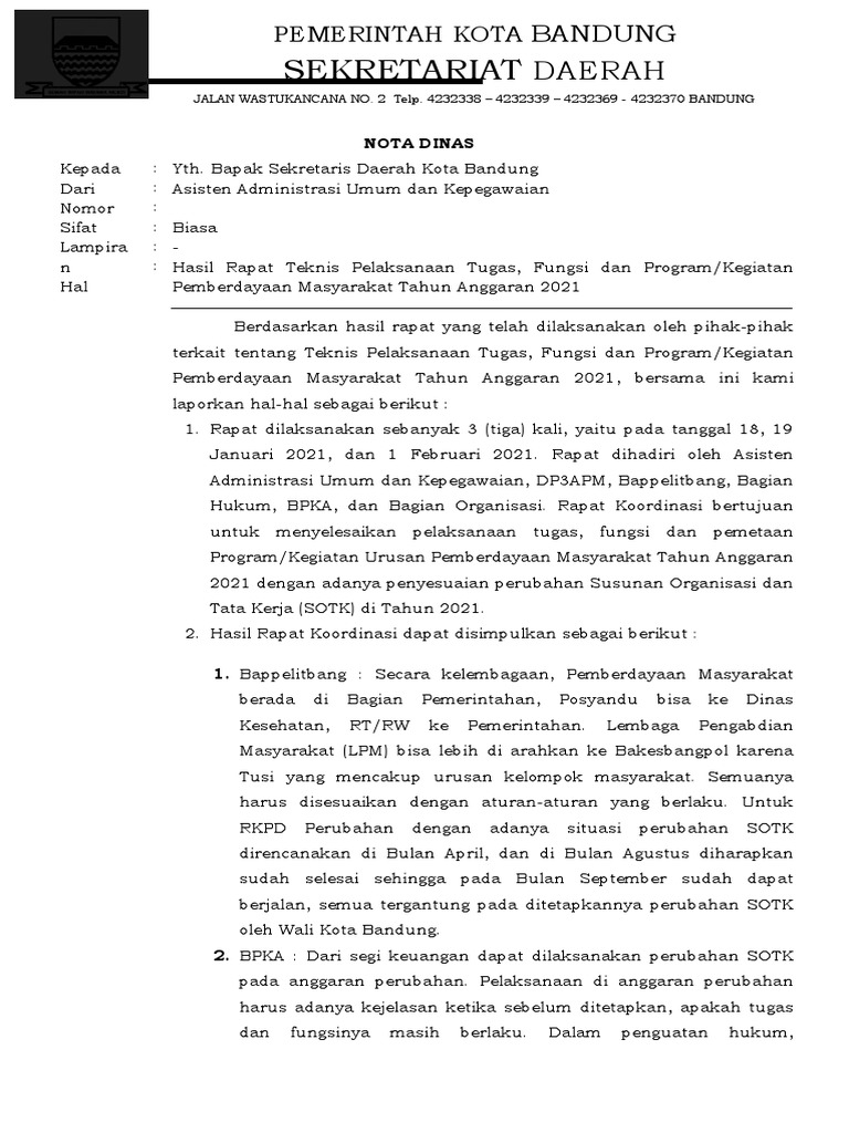Nota Dinas Hasil Rapat Pemberdayaan 2021 | PDF