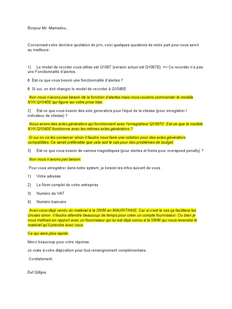 Questions sur commande de matériel NYK | PDF