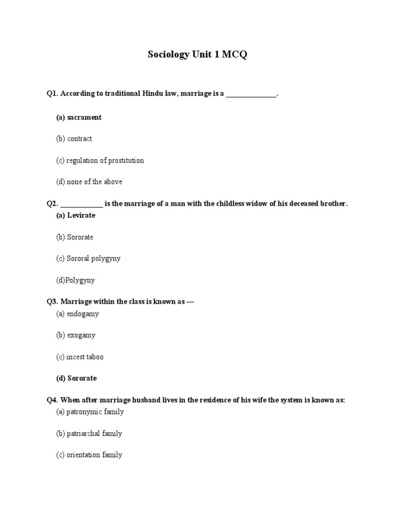 Sociology Unit 1 MCQ | PDF | Family | Kinship