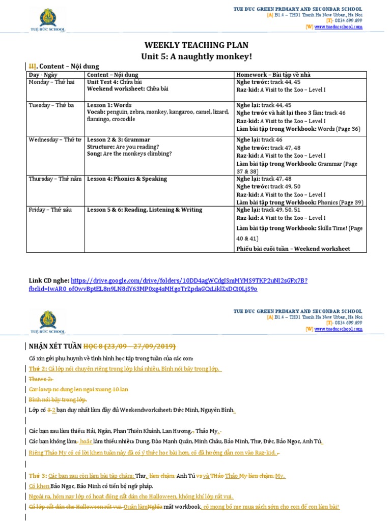 Weekly Teaching Plan - Unit 5 - Grade 5 | PDF