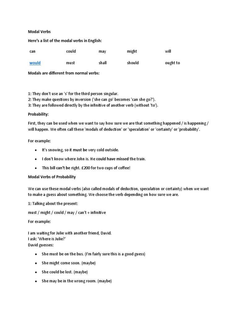 Would: Modal Verbs Here's A List of The Modal Verbs in English | PDF | Syntax | Morphology