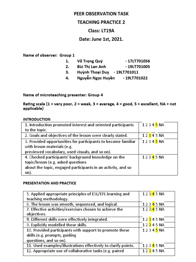 Peer Observation Task Teaching Practice 2 Class: LT19A Date: June 1st ...