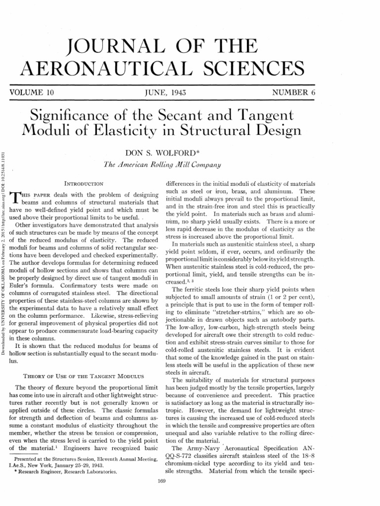 Significance Of The Secant And Tangent Moduli Of Elasticity In S 1943