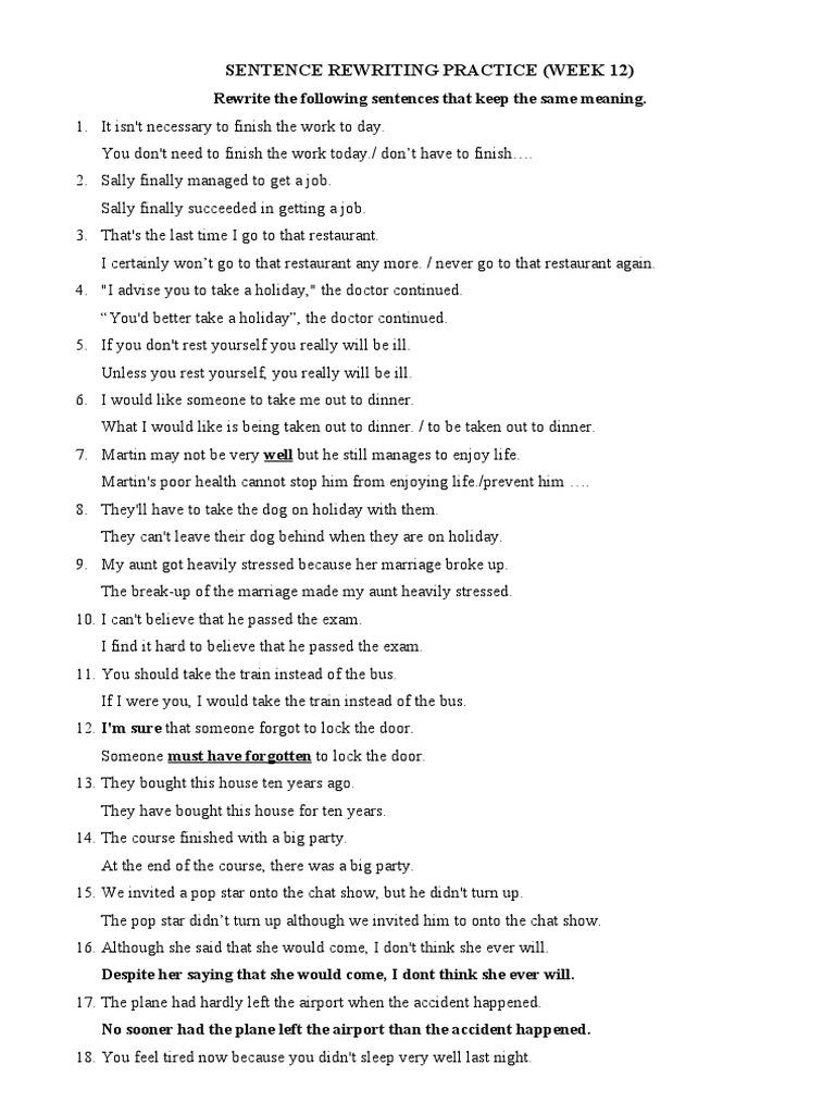 Sentence Rewriting Practice 2 | PDF