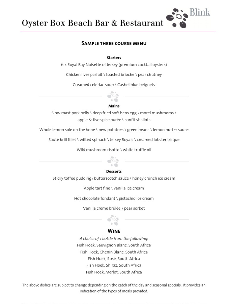 Oyster Box Beach Bar & Restaurant: Sample Three Course Menu | PDF