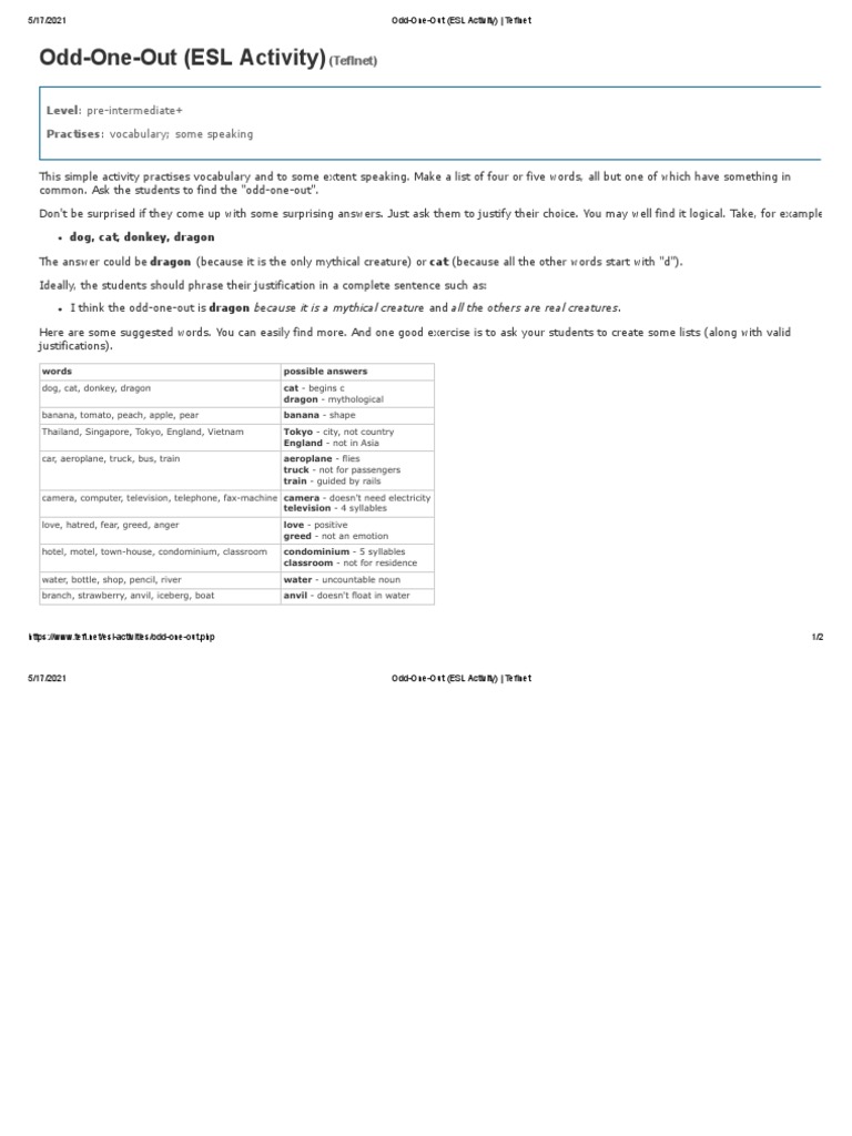 Odd-One-Out (ESL Activity) - Teflnet | PDF | English Language | Linguistics