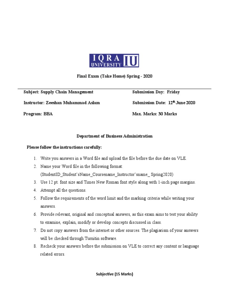 SCM Final Paper | PDF | Supply Chain Management | Test (Assessment)