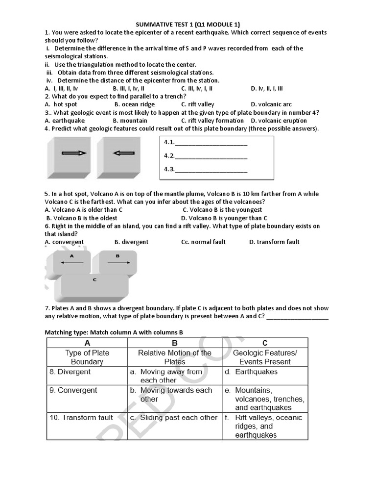 Summative Test 1 (Q1 Module 1) | PDF | Plate Tectonics | Earthquakes
