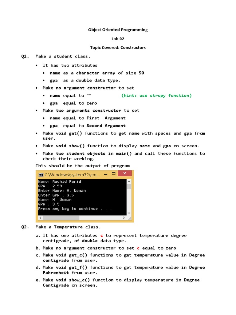 Object Oriented Programming Lab 02 Topic Covered: Constructors Q1 | PDF