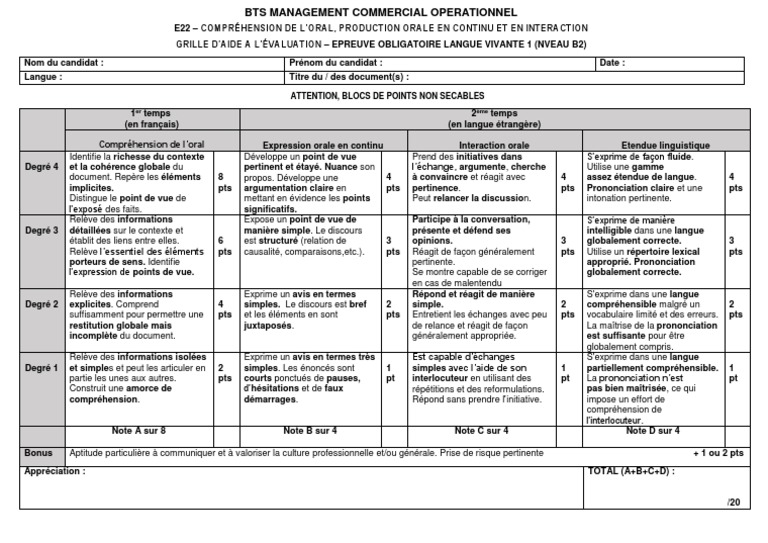 BTS MCO Bis - Grille Evaluation - Épreuve Obligatoire - LV1 | PDF | Sciences cognitives ...
