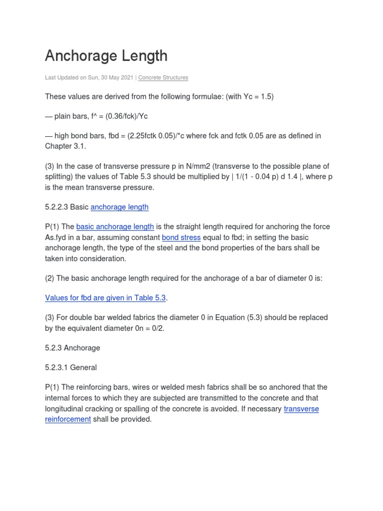 Anchorage Length Basic Anchorage Length Bond Stress | PDF