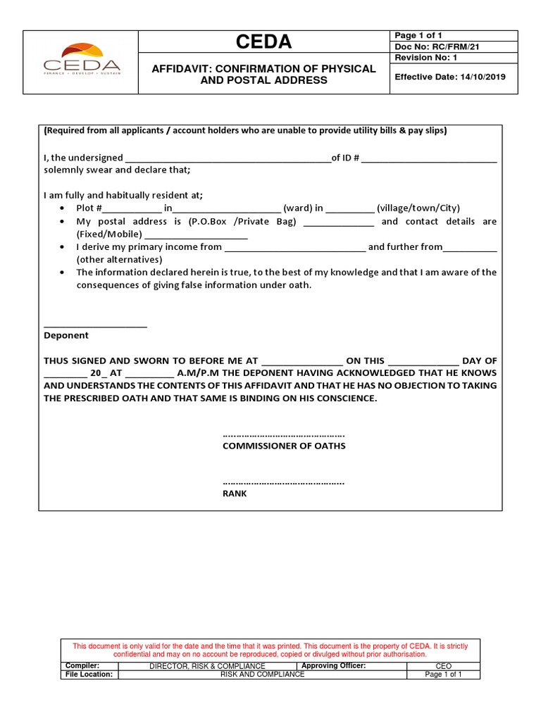 Affidavit for Confirming Physical and Postal Address | PDF | Affidavit ...