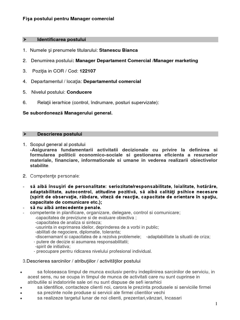 Exemplu Fisa Post | PDF