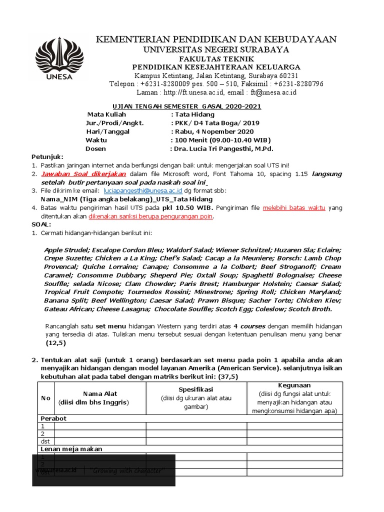 Set Menu UTS Tata Hidang 2020-2021 | PDF