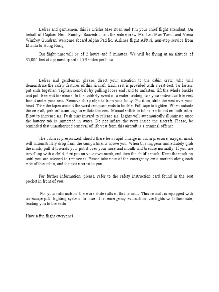 Flight Safety Demonstration Script 1 | PDF