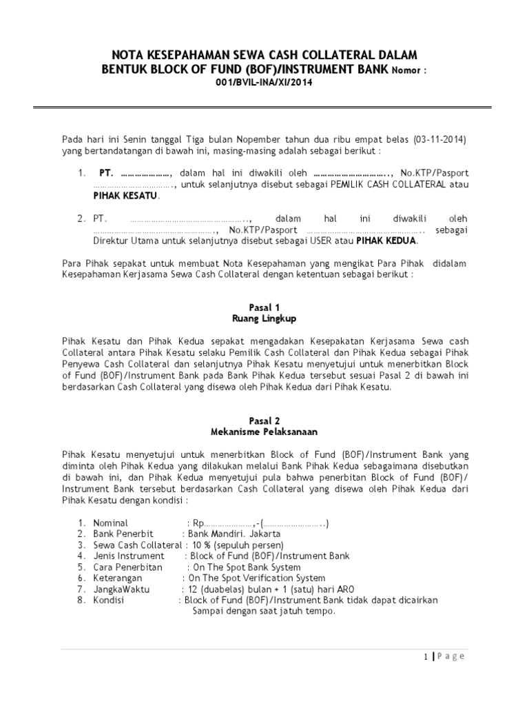 Nota Kesepahaman Sewa Cash Collateral | PDF