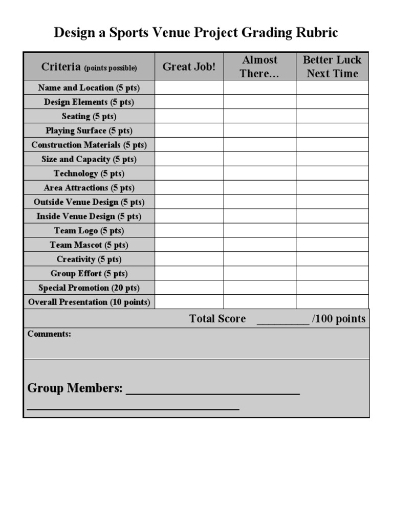 Grading Rubric for Sports Venue Design Project Evaluating Key Elements ...