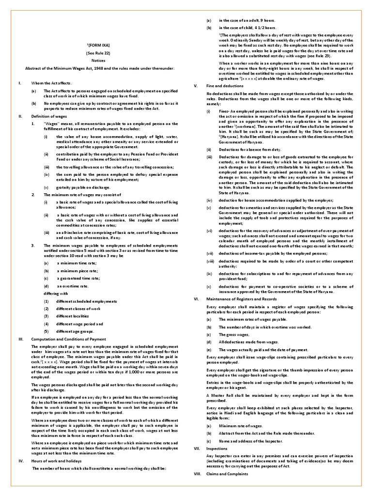 FORM IX-A Abstract Under The Minimum Wages Act, 1948 (English Version) | Download Free PDF ...