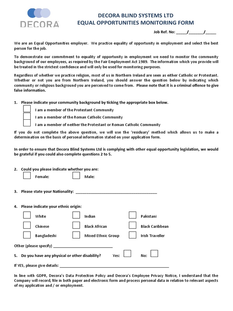 Decora Blind Systems Equality Monitoring Form | PDF | Equal Opportunity ...