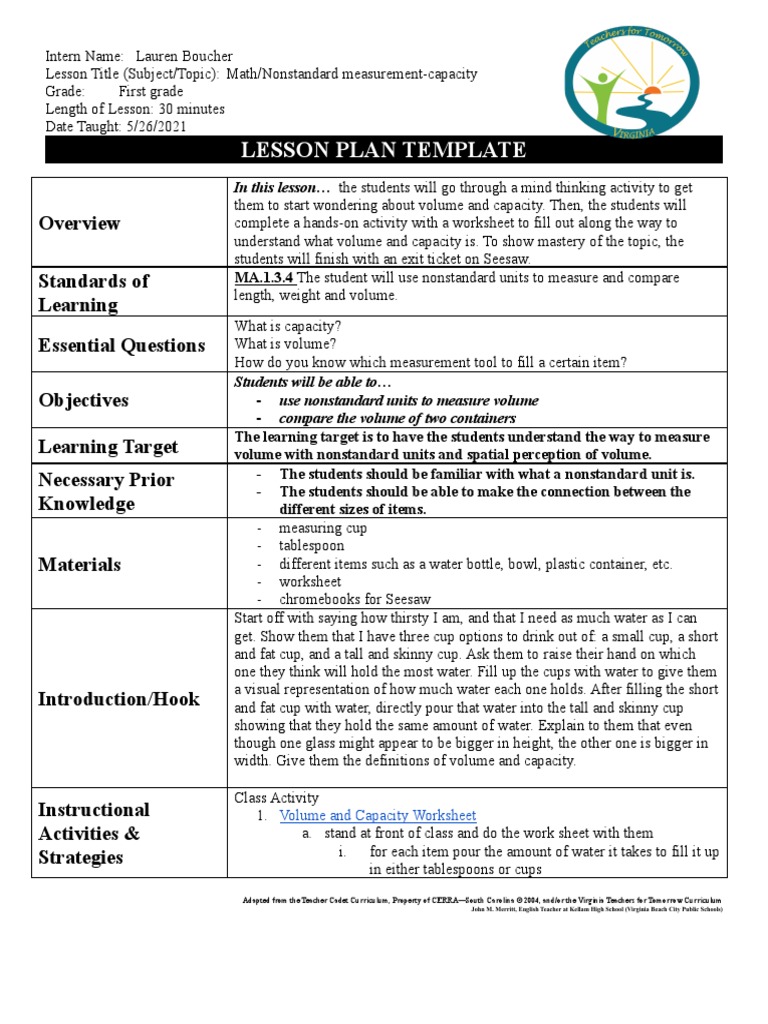 Capacity Lesson Plan | PDF | Lesson Plan | Worksheet