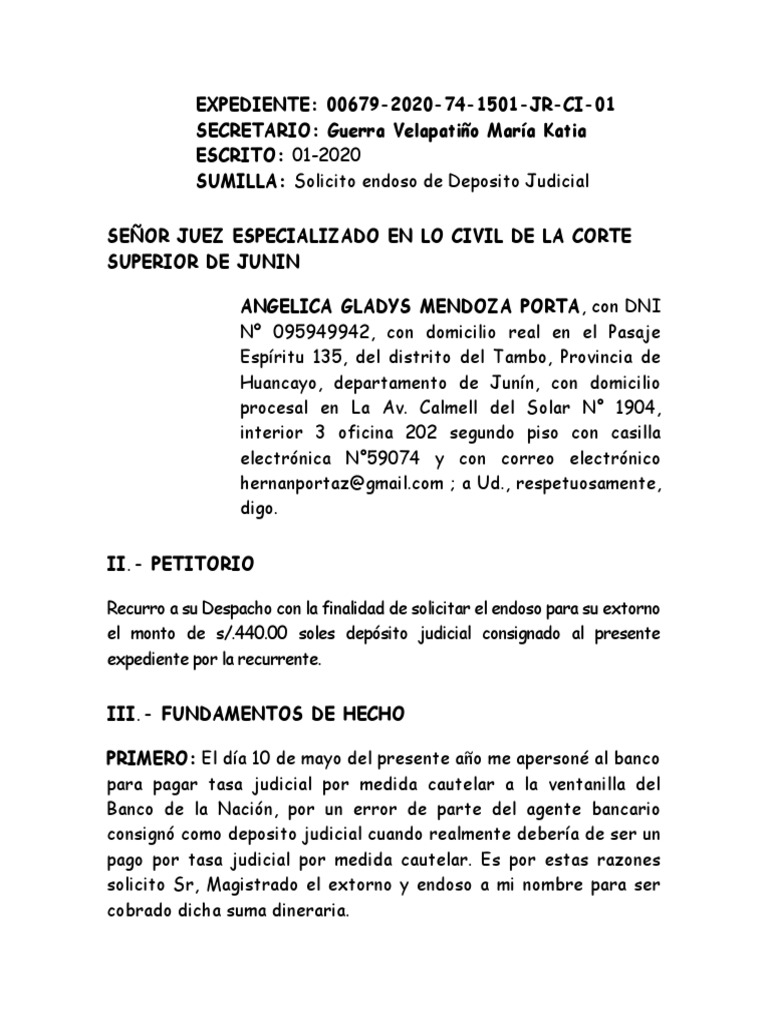 Solicito Extorno y Endoso de Deposito Judicial | PDF