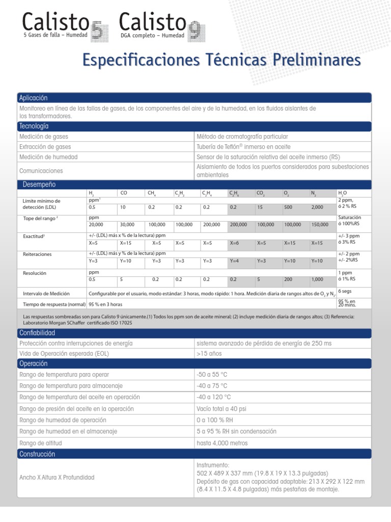 Calisto 5 y 9 Specs | PDF | Metano | Temperatura