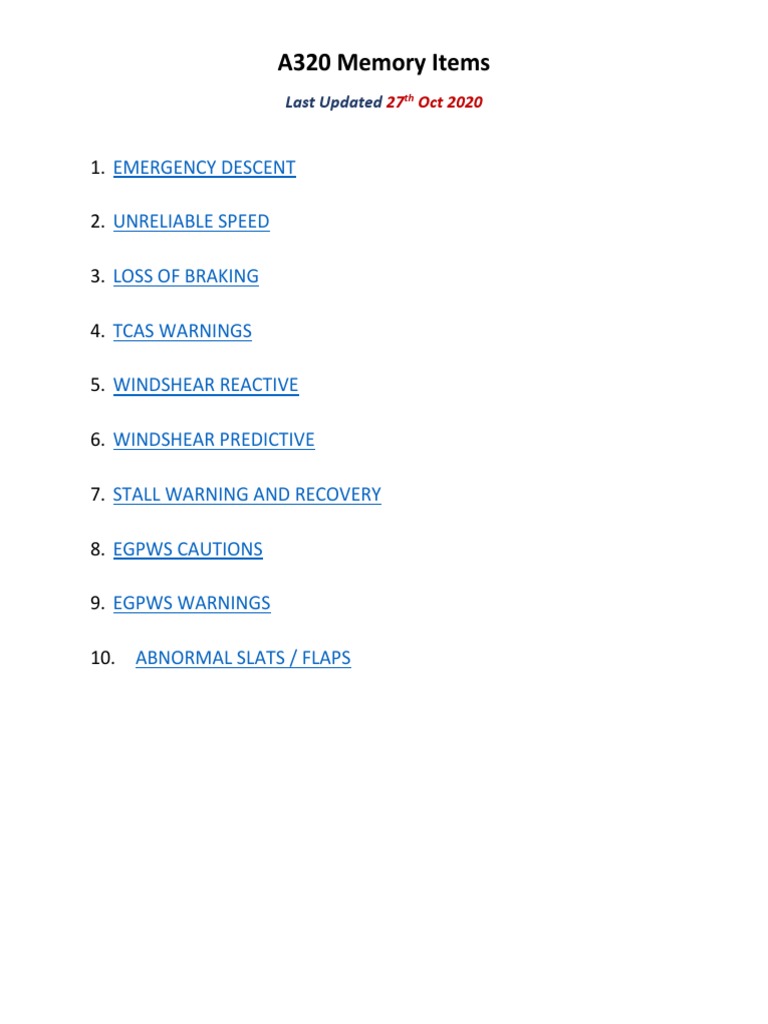 A320 Memory Items Quick Reference | PDF | Takeoff | Aeronautics