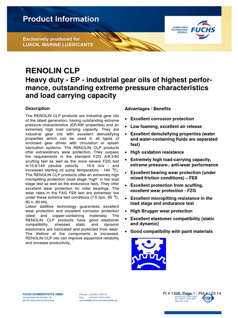 Tds Renolin CLP en | PDF | Bearing (Mechanical) | Wear