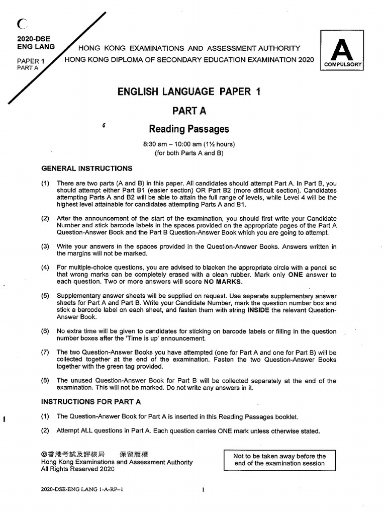 2020 HKDSE Paper 1 Part A (Passage) | PDF