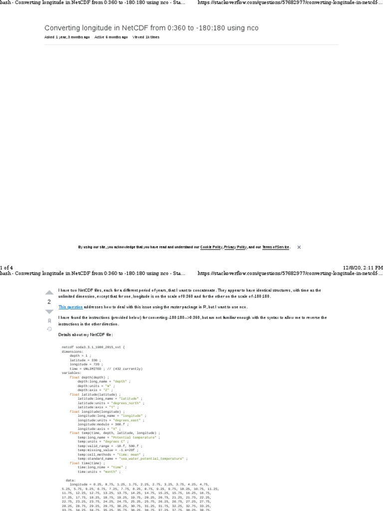 Converting Longitude in Netcdf From 0:360 To - 180:180 Using Nco | PDF | Latitude | Computing