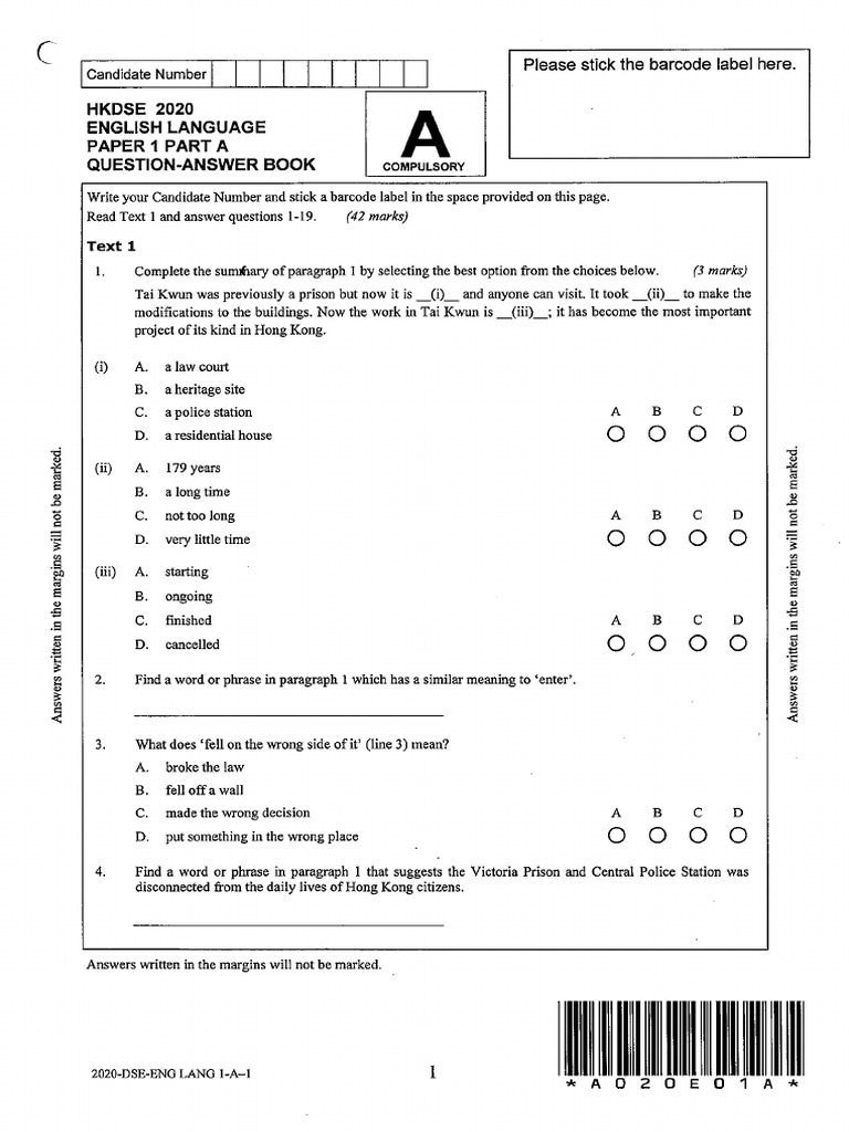 2020 HKDSE Paper 1 Part A (QAB) | PDF 2020 HKDSE Paper 1 Part A (QAB) | PDF