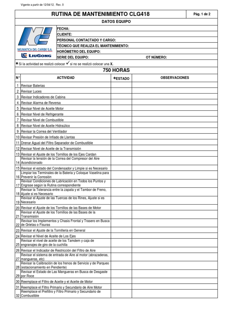 Rutina de Mantenimiento CLG 418 750H | PDF | Aceite de motor | Engranaje